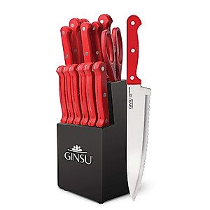 Ginsu Kiso 14-Piece Red Knife Set with Black Block - Dishwasher Safe and Always Sharp