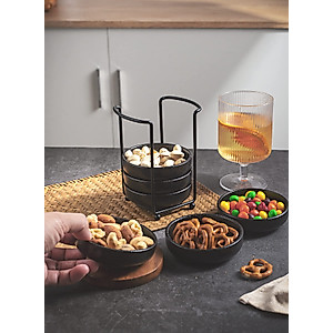 Ghaexui Japanese Ceramic Soy Sauce Dishes, Dipping Bowls, Side Dishes, Sauce Bowls-3.5 Inch, with Metal Stand for Ketchup Soy Sauce Sushi BBQ Party, Set of 6, Black