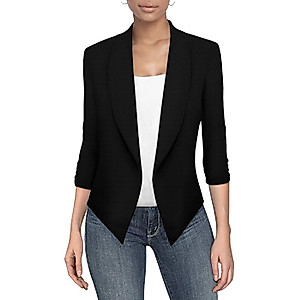 Hybrid & Company Lightweight Open Front Cardigan Classic Ruched Sleeve Work Office Blazer Suit Jackets Black