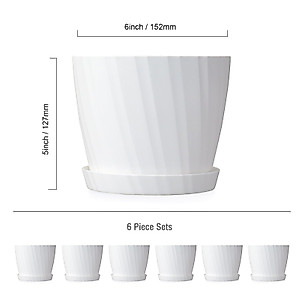 UOUZ 6'' Plant Pots Bulk, 6 Pack Plastic Planters with Drainage Holes and Saucers for Indoor Outdoor House Plants and Flowers, White