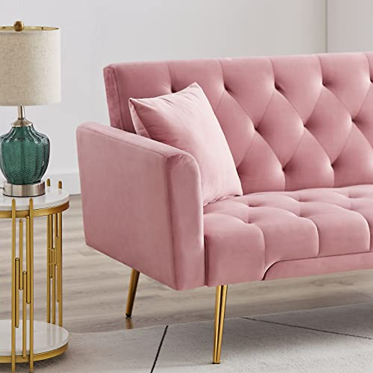ERYE Futon Sofa Loveseat Convertible Sleeper Couch Bed for Small Space Apartment Office Living Room Furniture Sets Sofabed, Light Pink Velvet 71" W with Pillows