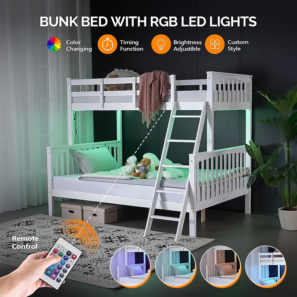 VINGLI Bunk Beds Twin Over Full Size with LED and Charging Station, Convertible Wood bunk beds with Angled Ladder, High Guardrail and Wood Slats, Space-Saving Design for Kids, Teens and Adults, White