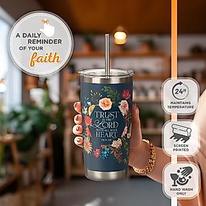 Christian Art Gifts Reusable Stainless Travel Mug Tumbler w/Straw for Women: Trust in the Lord Bible Verse, Double Wall Vacuum Insulated, Pop-up Lid, Hot/Cold, Cute Navy Blue Multicolor Floral, 18 oz.