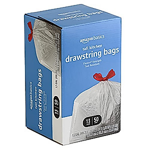 Amazon Basics Flextra Tall Kitchen Drawstring Trash Bags, 13 Gallon, 50 Count