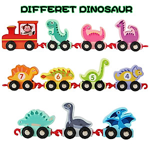 Toddler Dino Train Toys Dinosaur Number Train Set, Montessori Wooden Number Learning Cars with Handheld Balance Gift for Boys Girls, fit with Major Brands Wooden Tracks…