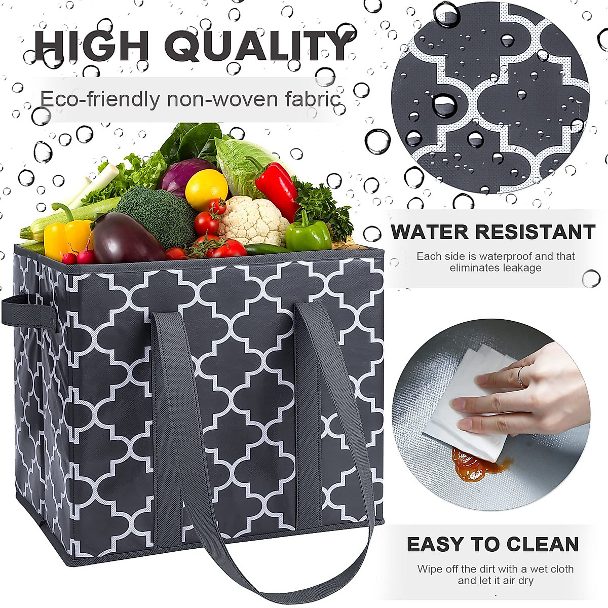 WISELIFE Reusable Grocery Bags 3-Pack Foldable Washable Large Storage Bins Basket Water Resistant Shopping Tote Bag Dark Grey