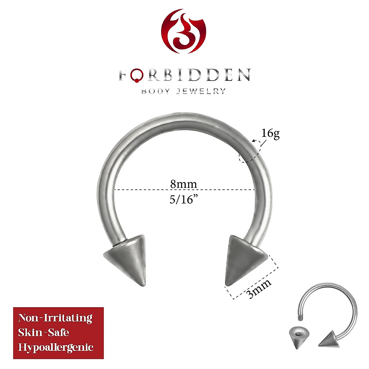 Forbidden Body Jewelry 16g 8 mm (5/16") Titanium Double Spike Horseshoe Body Piercing Ring, 3 mm Cones