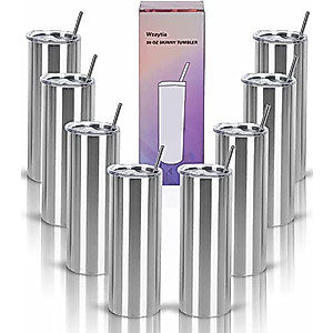 Wzaytia 8 Pack 20 Oz Straight Skinny Tumblers, Individually Gift Boxed Stainless Steel Slim Skinny Tumbler Set Bulk, 20 Oz Insulated Slim Thin Travel Tumbler Cup for Diy, Silver