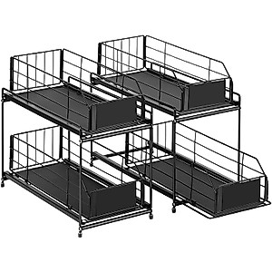 2 Pack - 2-Tier Under Sink Cabinet Organizer with Sliding Storage Drawer, Spice Rack, Pull Out Cabinets Organizer Shelf Baskets, for Kitchen, Pantry, Under The Sink, Cabinet, Bathroom, Black