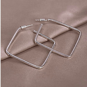 Hoops & Loops 925 Sterling Silver Geo Shape Open Square 46mm Geometric Hoop Earrings for Women Teen Girls, Silver