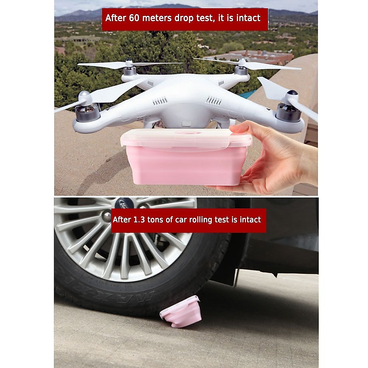 Keweis Silicone Lunch Box Bento Box, Collapsible Folding Food Storage Container with Lids, Kitchen Microwave Freezer and Dishwasher Safe, Set of 3, (Pink)