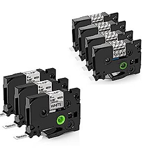 MarkDomain Compatible Label Tape Replacement for Brother TZe-131 TZe-221 Laminated P Touch Label Maker Tape, Black on White/Clear, 12mm x 8m & 9mm x 8m (4+3 Pack)