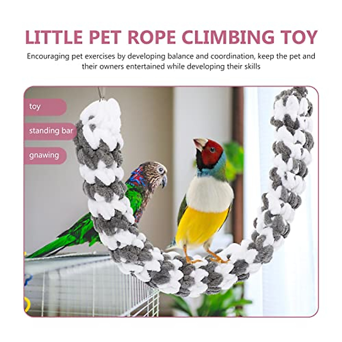 1Pc Ferret Toys, Sugar Glider Climbing Toys Rat Swing Hanging Toy Parrot Climbing Rope Bird Perches Stand Pet Swing Hamster Cage Accessories for Small Animals, Grey White