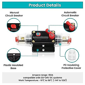 NuIth 150 AMP Circuit Breaker with Manual Reset, 4-12 AWG 150A Inline Circuit Breaker with Wire Lugs and Heat Shrink Tube 12-24V for Marine Car Audio System Home Truck