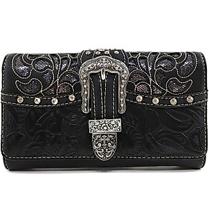Justin West Western Brown Purse Tooled Laser Cut Floral Design Studs Rhinestone Buckle Concealed Carry Handbag With Trifold Wristlet Cross Body Strap Wallet Set (Black Tote)