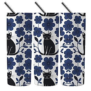 Medpol Cat and floral print tumbler with lid and straw 20 oz insulated tumbler cups Cat and floral print insulated travel coffee mugs for women cute sippy cups stainless insulated travel cups