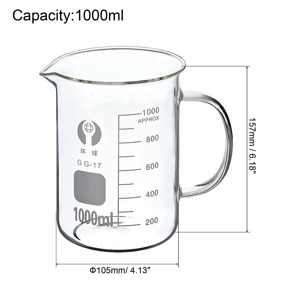 PATIKIL 1000ml Glass Beaker with Handle, 3.3 Borosilicate Glass Graduated Printed Scale Measuring Cups with Spout for Kitchen Lab Liquids Transit Boiling