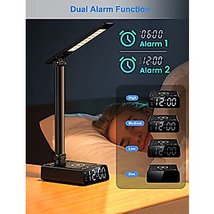 LED Desk Lamp with 15W Wireless Charger, 2 USB Charging Ports, 2 Outlets, 3 Brightness Levels, Alarm Clock, Dimmable Eye Caring Reading Desk Light for Home Office dorm, Touch Control Table Lamp, Black