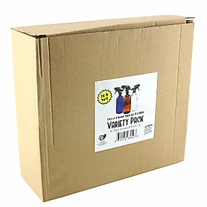 16oz Glass Bottles w/Heavy Duty Sprayers - Three Pack Bundle (1 Cobalt Blue, 1 Amber, 1 Clear); Boston Round; 3-Setting Spray Tops + Black Lids