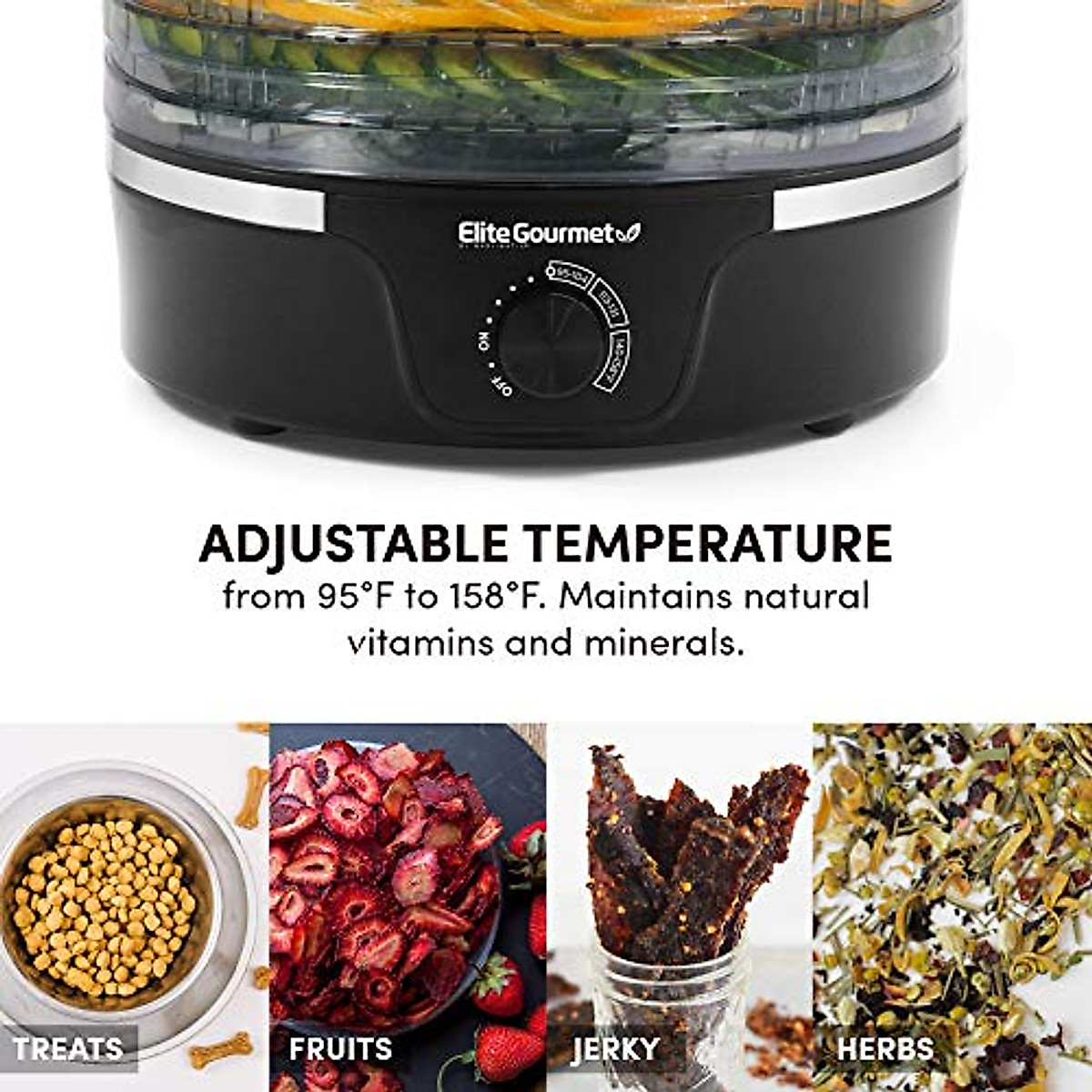 Elite Gourmet EFD319 Food Dehydrator, 5 BPA-Free 11.4" Trays Adjustable Temperature Controls, Jerky, Herbs, Fruit, Veggies, Dried Snacks, Black