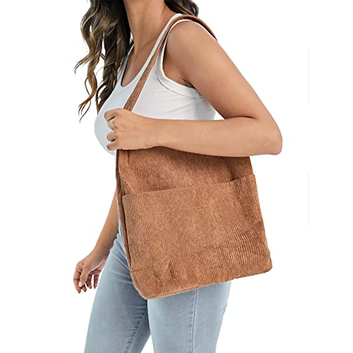 WDIRARA Women's Corduroy Hobo Bags Shopper Tote Bag Side Pocket Shoulder Handbags Brown one-size