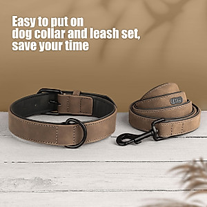 Didog Soft Padded Leather Dog Collar and Leash Set, Heavy Duty Dog Leash and Collar Set with Metal Buckle, Breathable Dog Collars with 4FT Leather Dog Leash for Small Medium Large Dogs, Brown, L