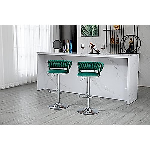 Kakotito 360° Velvet Swivel Bar Stools with Low Back & Footrest, Adjustable Counter Barstools, Silver Bar Stool (Set of 2 - Silver Version, Emerald)
