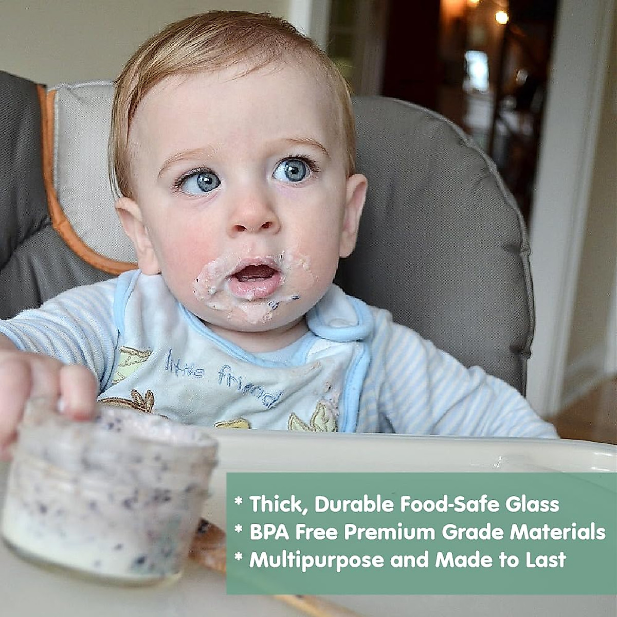 Baby Food Storage Jars w/Lids (4/8oz, 12 Pack) - Reusable Glass Baby Food Jars with Lids - Puree, Snack, or Breast Milk Storage Containers - Baby Essentials Must Have - Freezer & Microwave Safe