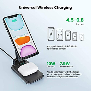 Wireless Charging Phone Stand, 2 in 1 Foldable Desktop Cell Phone Tablet Stand,10W Max Qi-Enabled Wireless Charging Multi-Angle Adjustable Metal Phone Holder for iPhone 13/12/11//Pro/XR/XS/8,AirPods