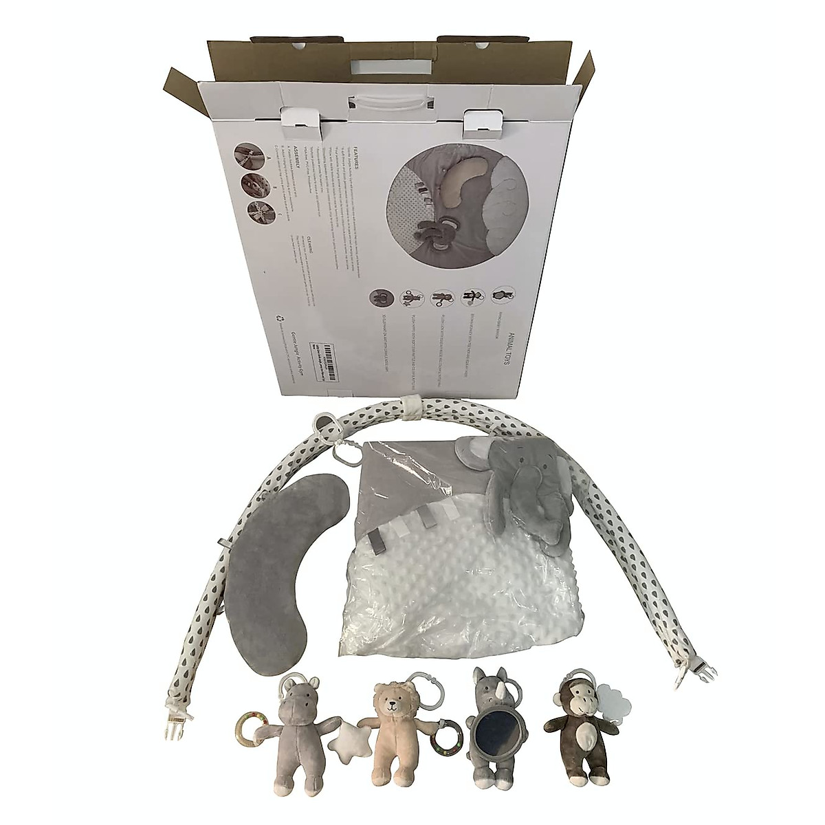 Gabby Grove Gentle Jungle Educational Baby Activity Gym and Infant Play Mat in Grey Shower Gift for Newborn with Mirror, Tummy Time Pillow, and Toys in Gray, White and Cream Neutral Tones