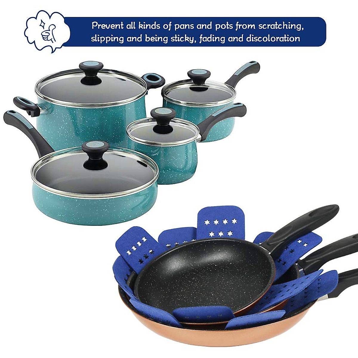 BYKITCHEN Pan Pot Protectors, Larger & Thicker Pan Protector with Stars, Set of 12 and 3 Different Sizes, Blue Pot Separator Pads for Stacking and Protecting Your Cookware