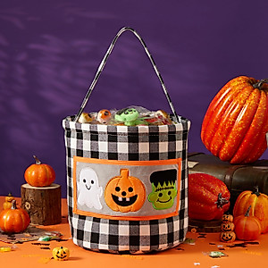 Ouksma Halloween Trick or Treat Basket, Checkered Fabric Tote with Embroidered Ghost, Pumpkin, Frankenstein for Halloween Party, Candy Collection and Decorations (Black Checkered)