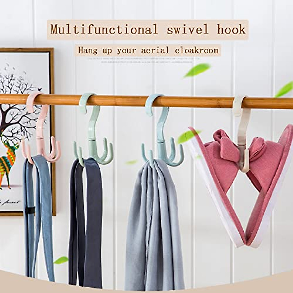 SKLLKAGI Closet Hanging Organizer 360 Degree Swivel Hooks (Pack of 3) for Hanging Belts, Ties, Bags, Purses, Scarves, Clothes and More. Easy Installation, no Drilling Required, Space Saving.
