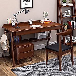 Solid Wood Writing Desk, 47" Mid-Century Modern Walnut Desk, Home Office Computer Desk with 2 Drawers and Storage Shelf, Laptop Desk, Study Table, Work Desk Station