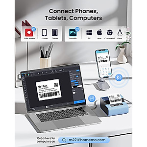 Phomemo M221 Label Printer, Newest Upgraded 3'' Bluetooth Thermal Label Maker, Easier & More Stable,for Product, Address, Barcode, Small Business, Home Portable DIY on Phone/PC,+100 Labels, Sky Blue