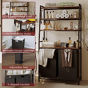 Moozerka Laundry Hamper with Shelves and Hooks, 4 Tiers Tall Laundry Basket with 2 Removable Laundry Bags, Laundry Sorter with Ladder Shelves for Laundry Room Bathroom Bedroom