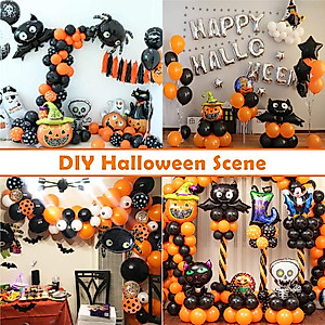 Halloween Balloons Garland Kit, Halloween Spider Web Black Orange Gray Balloons Spider Balloons for Halloween Day Party Kids Birthday House Party Haunted House Decorations