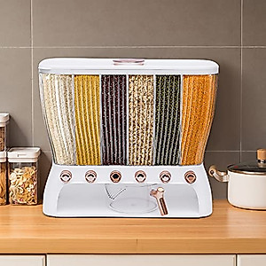 Gdrasuya10 10KG Rice Dispenser, 6-Grid Kitchen Grain Container Storage with Lid, One-Click Output Dry Food Storage with Measuring Cup for Rice, Cereal, Flour, Beans