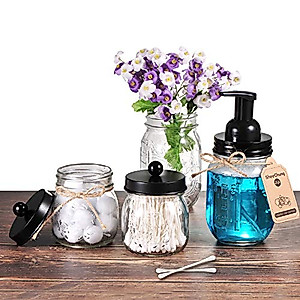 Mason Jars,Bathroom Apothecary Jars, Farmhouse Decor,Bathroom Vanity Storage Organizer Holder Glass for Qtips,Cotton Swabs,Rounds,Bath Salts,Cotton Ball - Rust Proof Stainless Steel Lid/Black