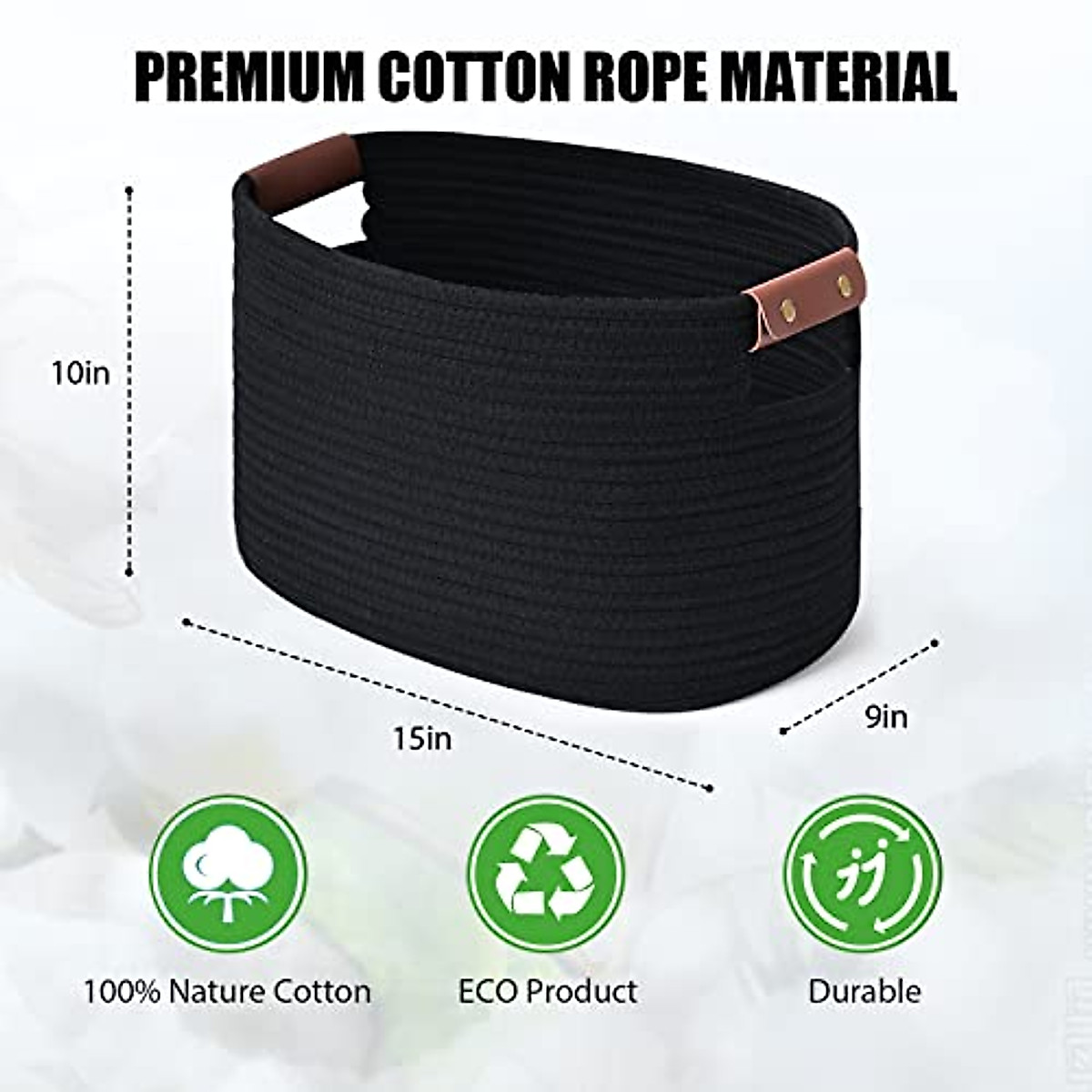 Cotton Rope Storage Baskets,15x10x9 in,Collapsible Storage Bins, Decorative Woven Basket Cube Storage Organizer for Laundry, Towel, Clothes, Cosmetics, Books (Black-3Pack)