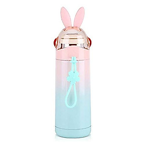 Fdit 350ML Cute Rabbit Cartoon Kids Vacuum Insulated Mug Stainless Steel Hot Water Bottle Travel Mug(Pink + Green)