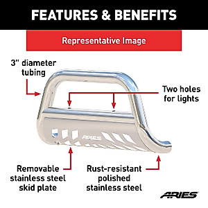 ARIES 35-3001 3-Inch Polished Stainless Steel Bull Bar, No-Drill, Select Ford Excursion, F-250, F-350 Super Duty