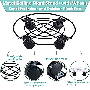 5 Packs Large Metal Plant Caddy 11.8” Plant Dolly with Casters Heavy Duty Wrought Iron Rolling Plant Stand with Wheels for Indoor and Outdoor Plant Pot Rollers Black