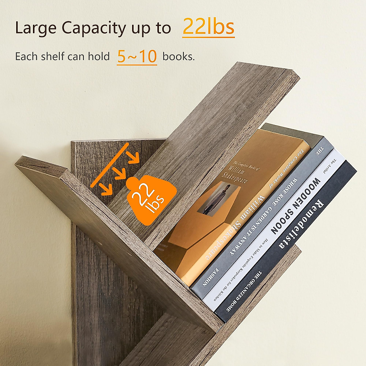 Tajsoon 3 Tier Tree Bookshelf, Small Bookshelf, Desktop Bookshelf Floor Standing Bookcase Display for CDs/Magazine/Books, Book Organizer Shelves for Bedroom, Living Room, Office, Greige