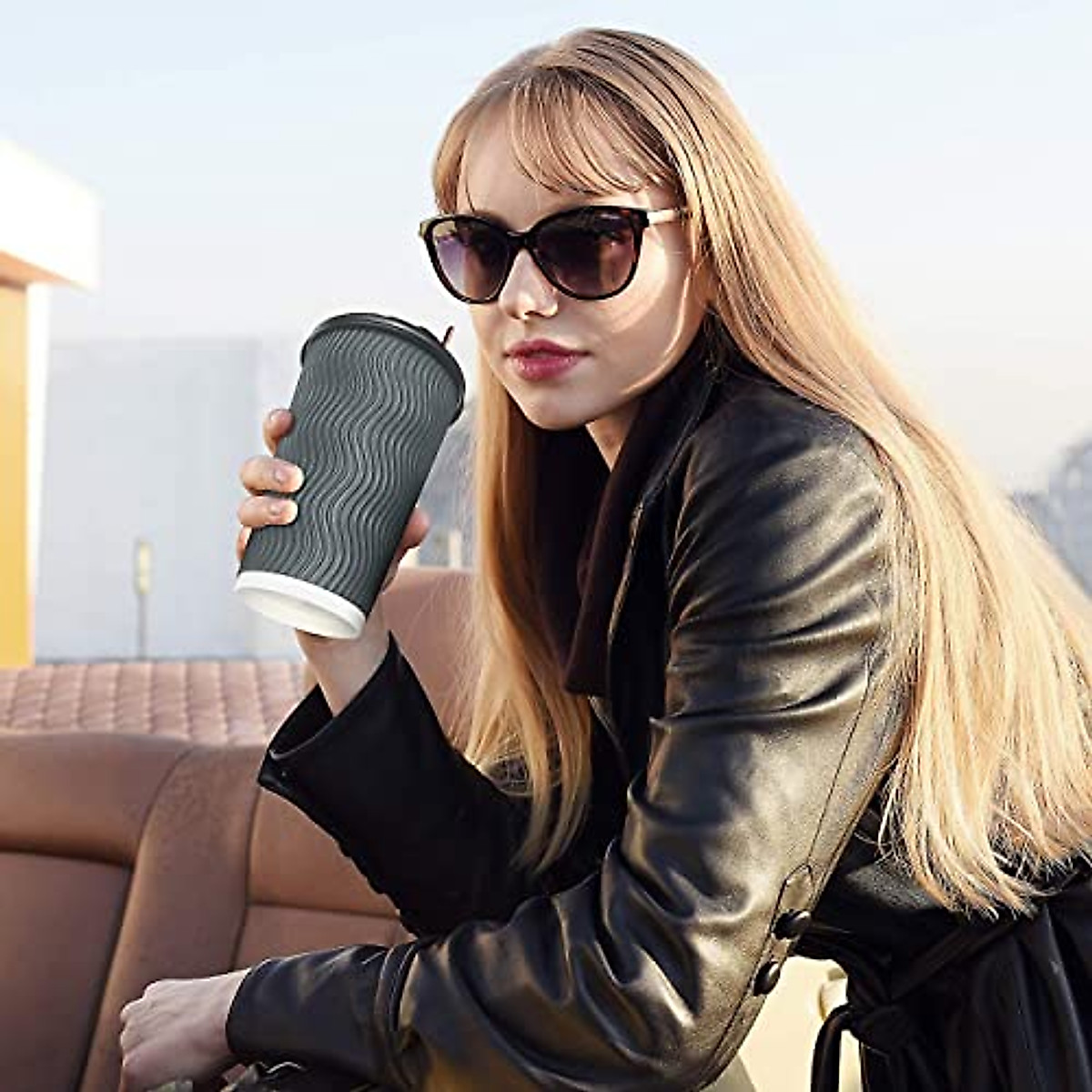 Disposable Coffee Cups with Lids and Straws - 16 oz (90 Set) Togo Hot Paper Coffee Cup with Lid To Go for Beverages Espresso Tea Insulated Reusable Cold Drinks Ripple Cups Protect Fingers From Heating