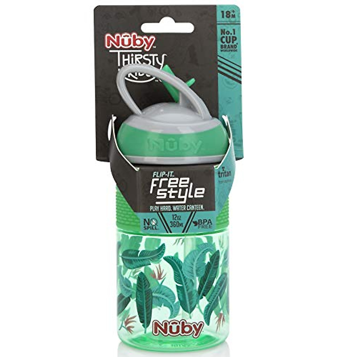 Nuby Thirsty Kids Flip-it Freestyle On The Go Water Bottle with Bite Resistant Hard Straw and Easy Grip Band, Green Banana Leaves, 12 Ounce