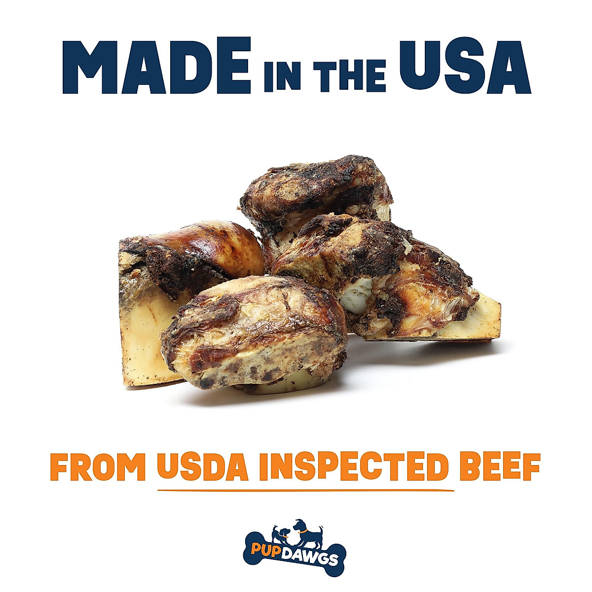PUPDAWGS Single Ingredient Dog Bones - Made in USA - Beef Femur Bones - Natural Dog Bones for Aggressive Chewers - from USDA Inspected Beef - Hickory Smoked - Individually Wrapped (4 Piece Pack)