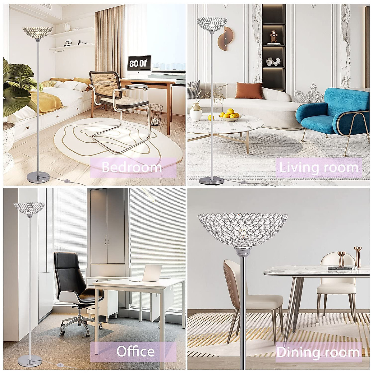 Trssdre Spherical Crystal Floor Lamp, 1-Light Modern Chrome Finish Floor Lamp, Crystal Floor Lamp Fixture for Living Room, Bedroom, Dining Room, Office, E26 Base, LED Bulb Included