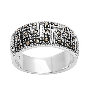 Silver Women's 925 Sterling Silver Oxidized Simulated Marcasite Greek Key Cut Out Band Ring