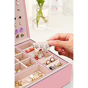 QBestry Stud Earring Organizer for Girls Stud Box for Earrings Necklace Jewelry Organizer Studs,Girls Earring Box for Womens, Holder Rings Organizer Jewelry Earring Storage Box,Pink